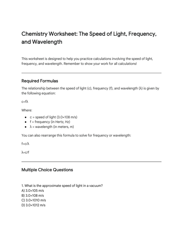 Ques Light Waves Worksheet | PDF | Frequency | Hertz