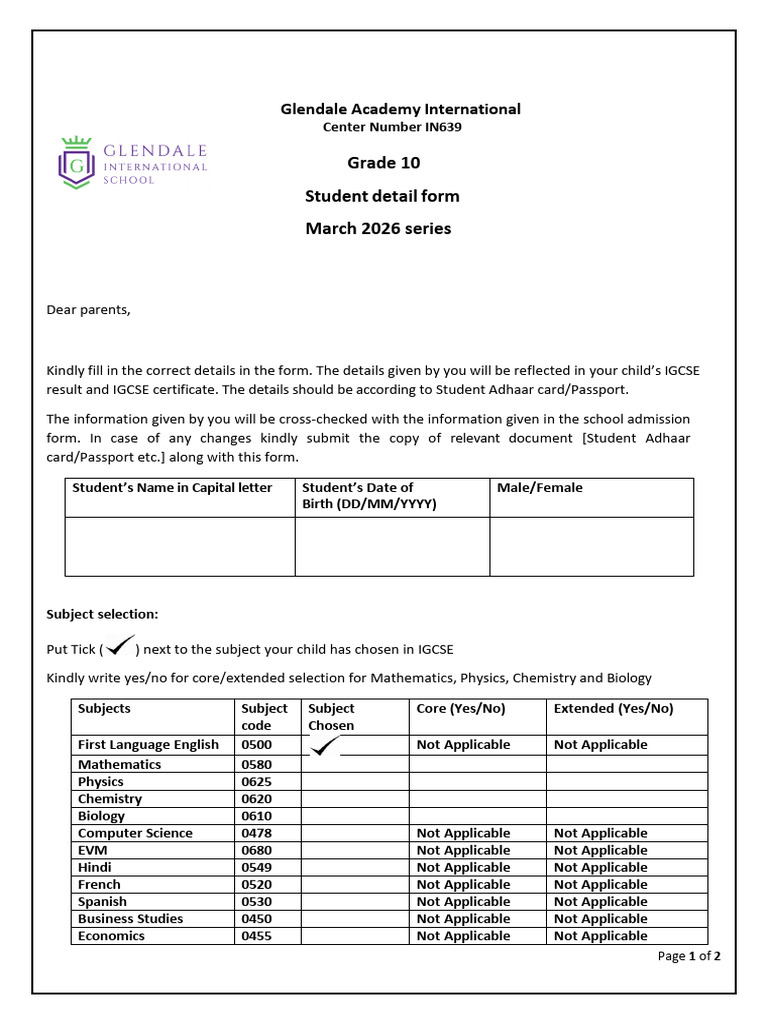 Grade 10 Student Detail Form March 2026 | PDF
