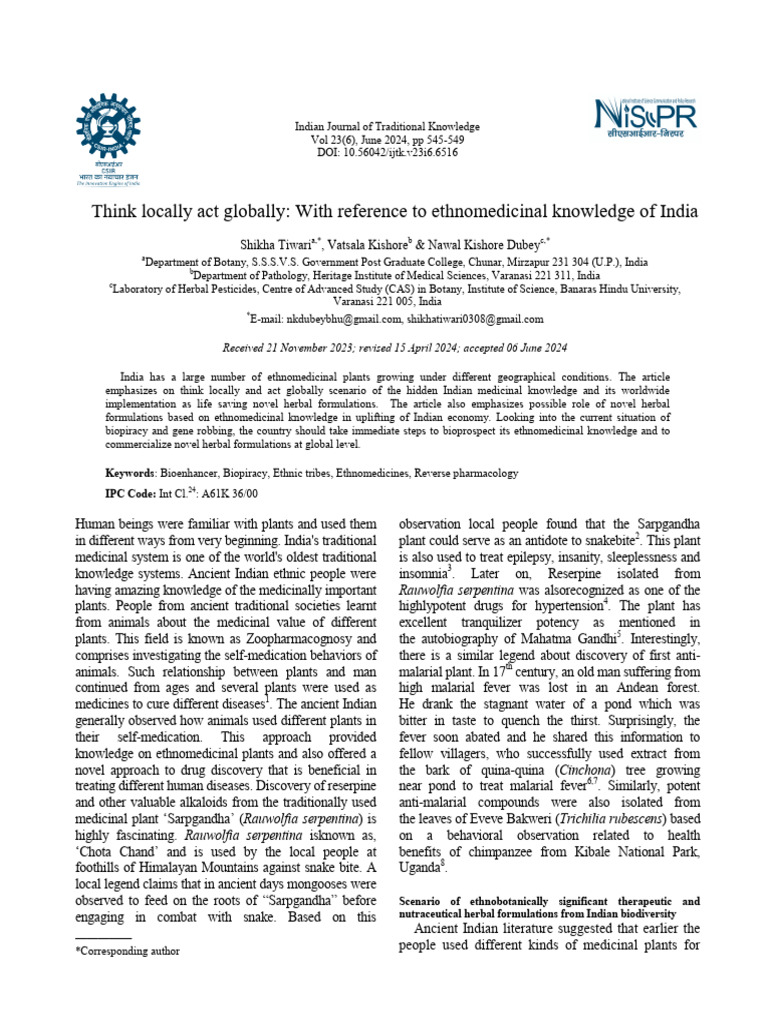 Think Locally Act Globally With Reference To Ethnomedicinal Knowledge ...