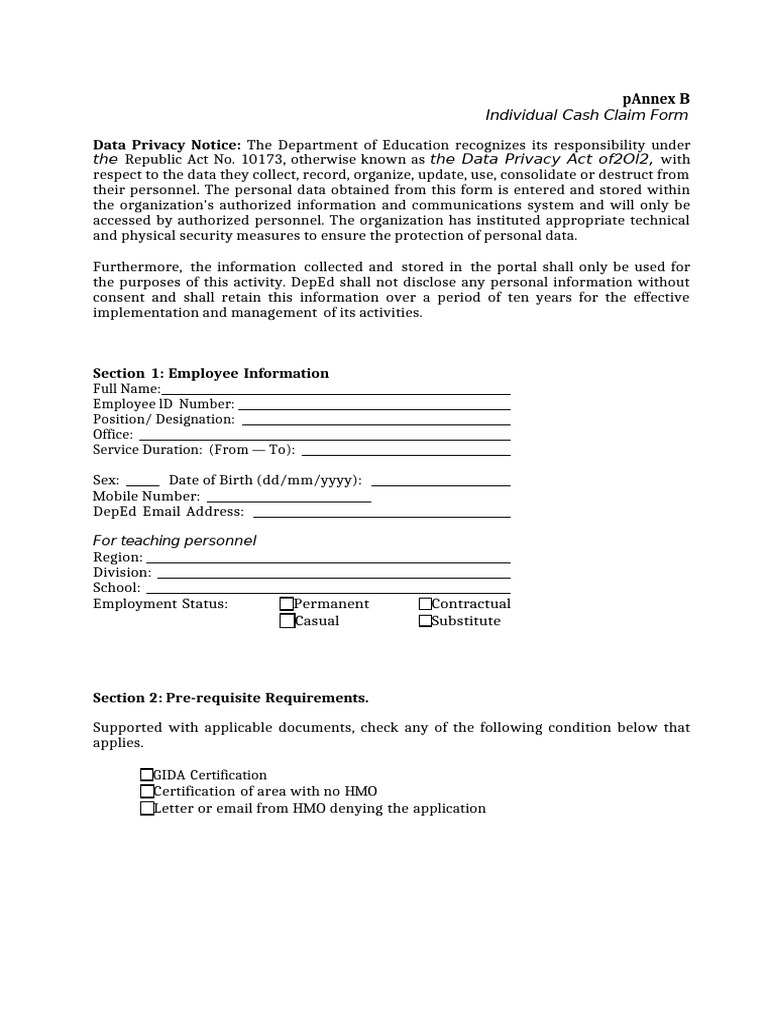 Individual Cash Claim Form for DepEd | PDF | Information