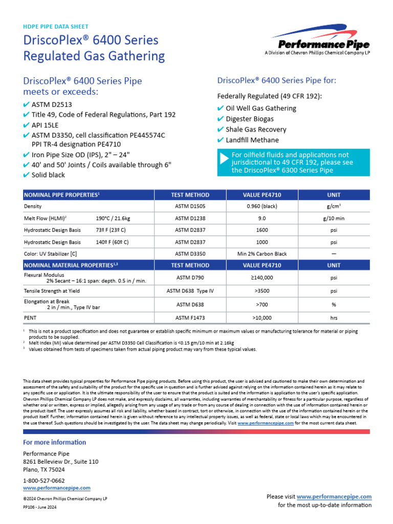Performance Pipe HDPE Data Sheet | PDF | Pipe (Fluid Conveyance ...