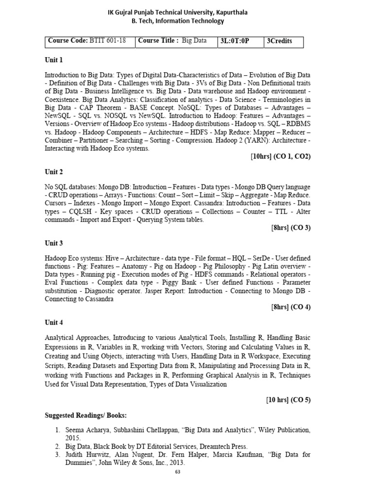 Big Data BTIT-601-18 Theory Syllabus | PDF | Apache Hadoop | No Sql