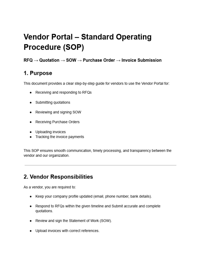 Vendor portal - Standard Operating Procedure (SOP) - Vendors (1) | PDF ...