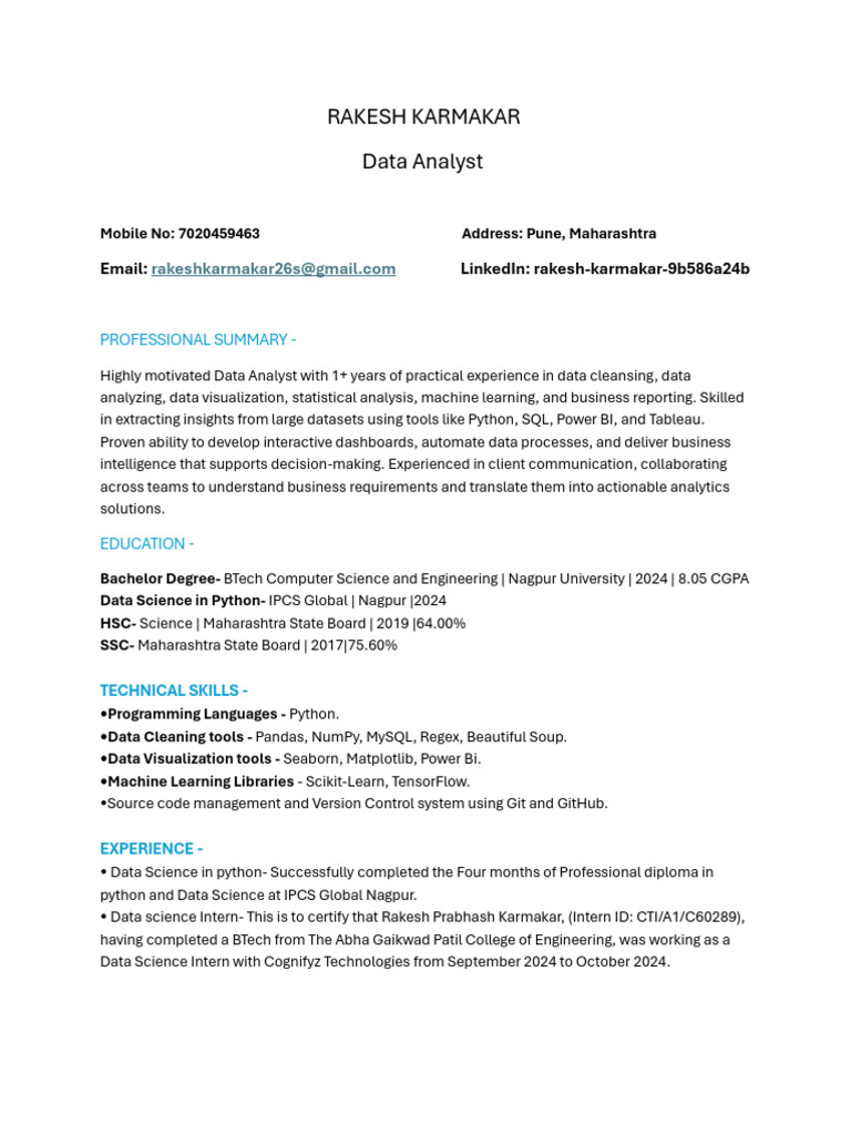Data Analyst Resume: Skills & Experience | PDF | Data | Data Science