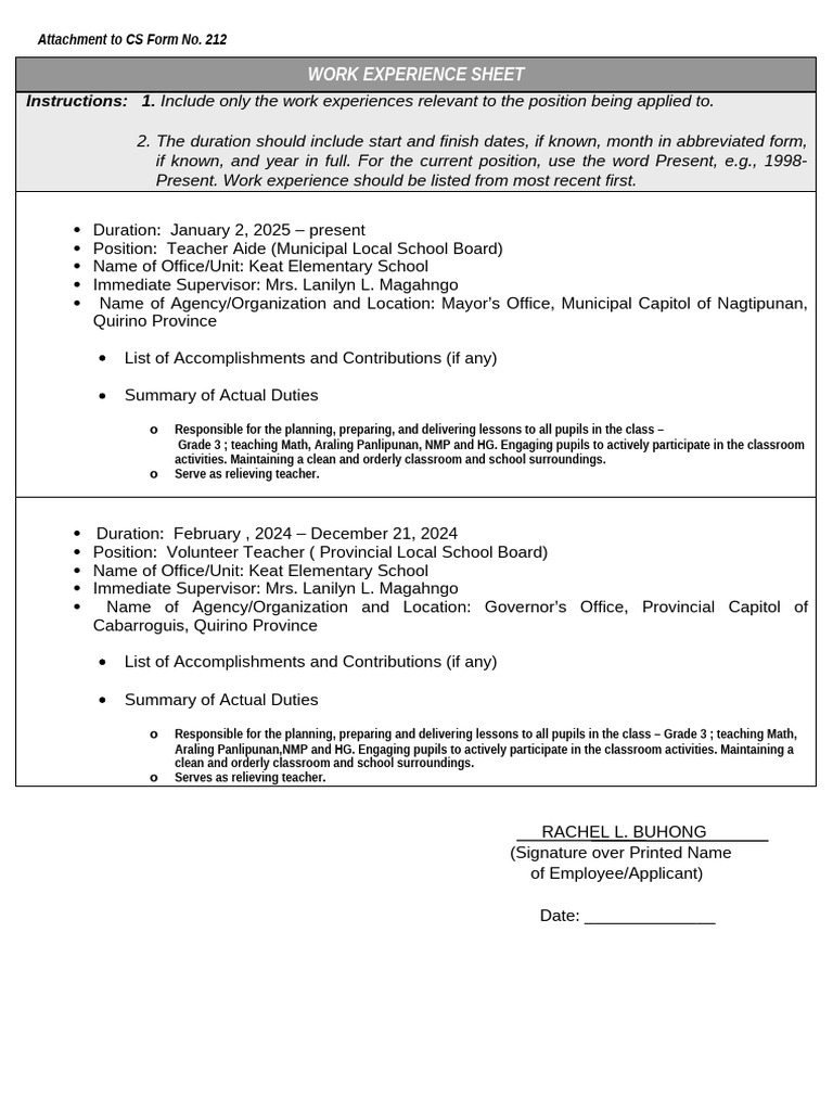 Teacher Aide Work Experience Sheet | PDF | Teachers | Learning