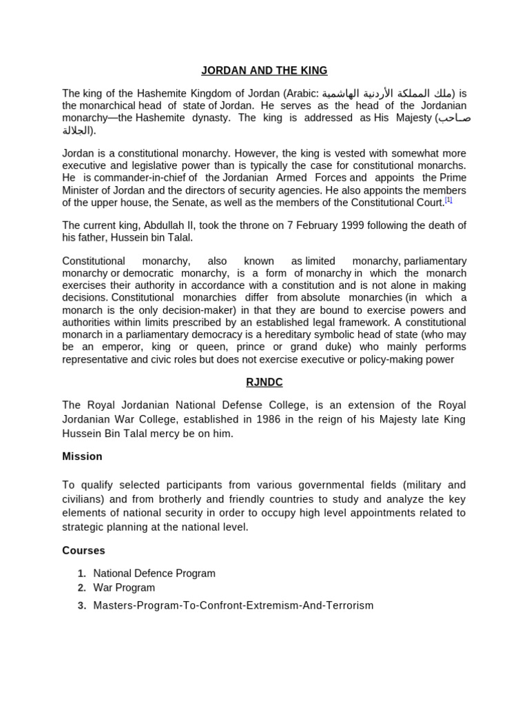 Overview of Jordan's Monarchy and Military | PDF | Diplomatic Rank ...