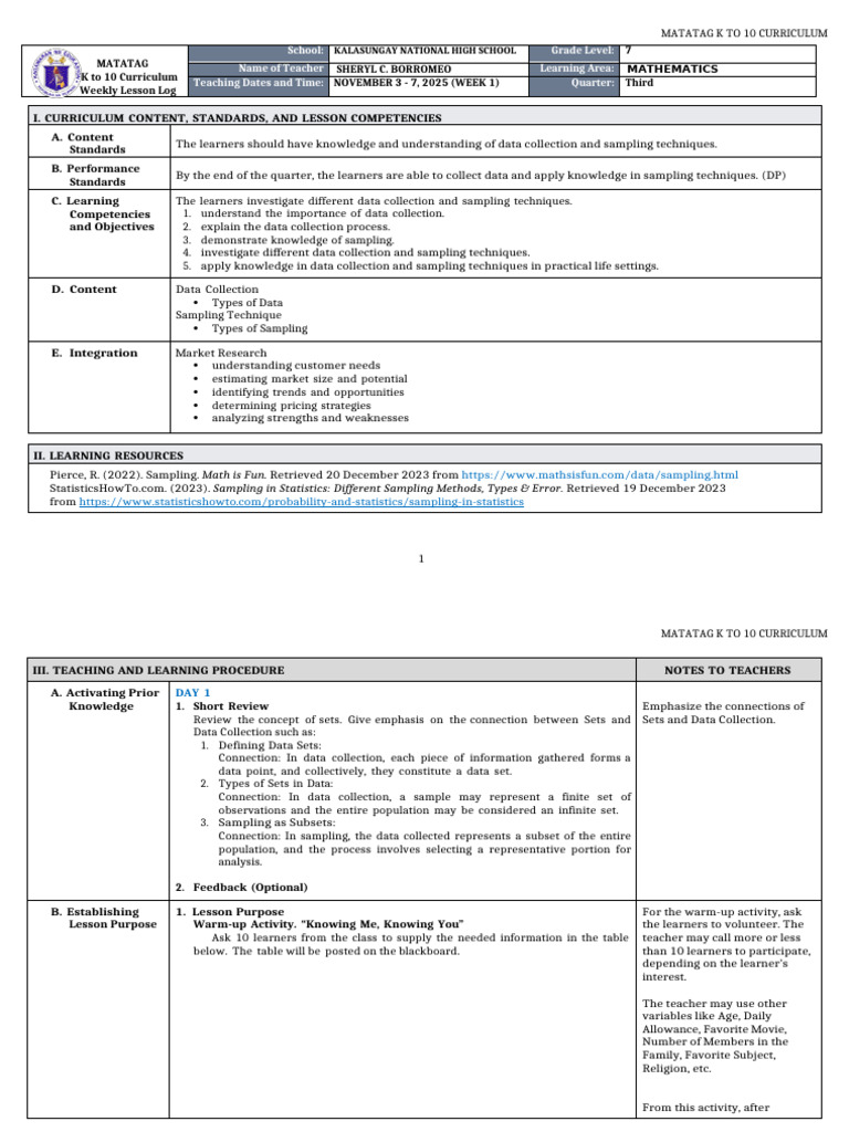 K-10 Math Curriculum: Data Collection Techniques | PDF | Sampling ...
