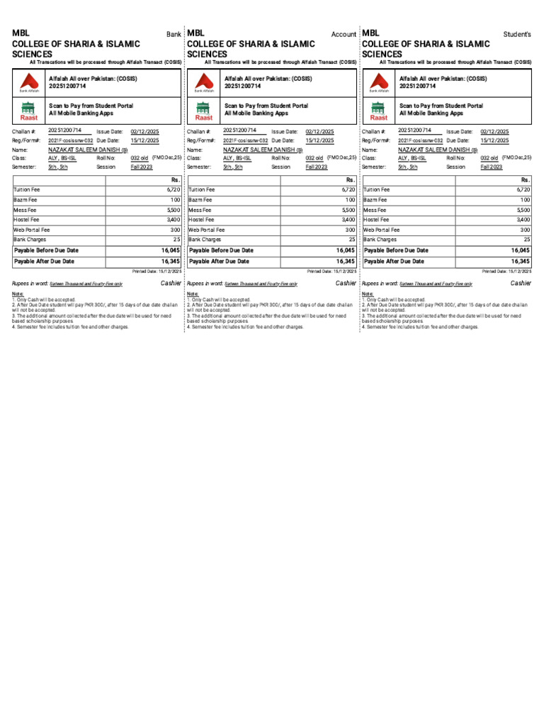 Fee Challan Form | PDF | Fee | Services (Economics)