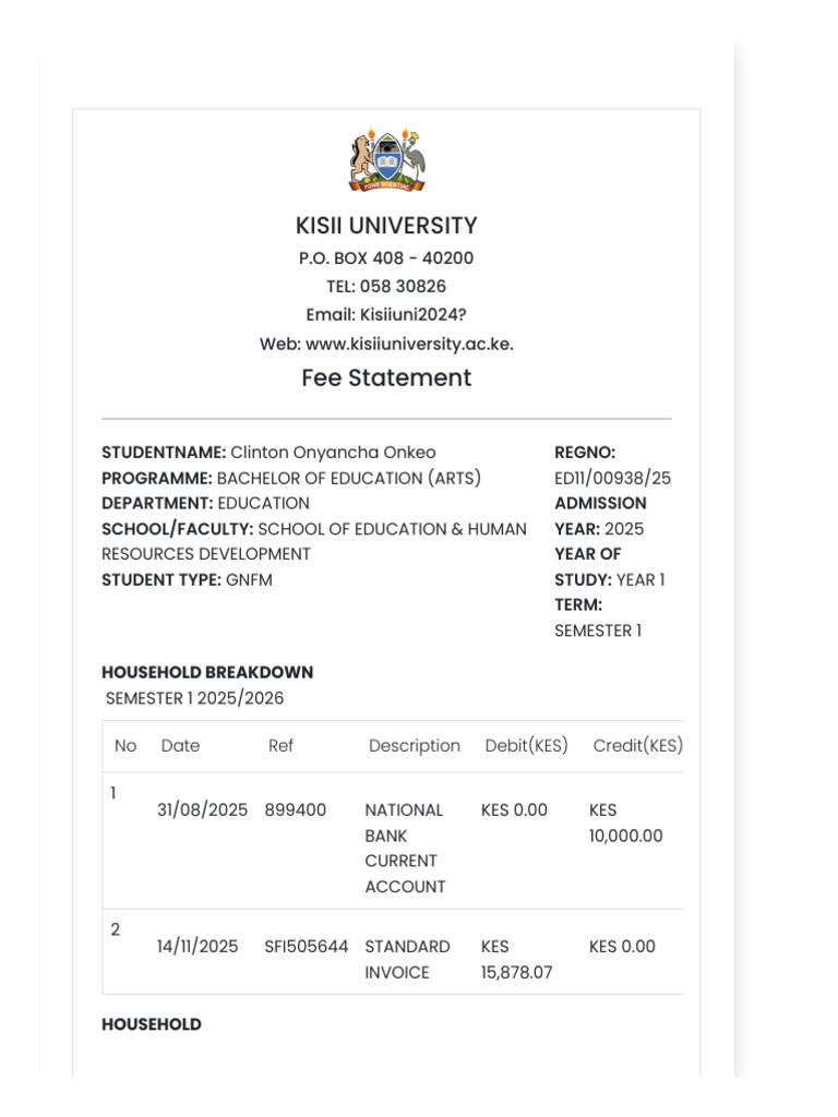 Kisii University Fee Statement 2025 | PDF