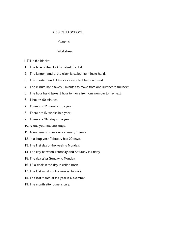 Class 4 Clock and Calendar Worksheet | PDF