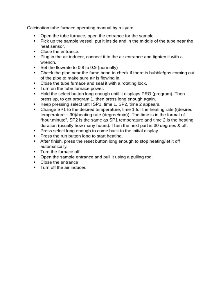 Notes for Calcination With Tube Furnace Manual | PDF