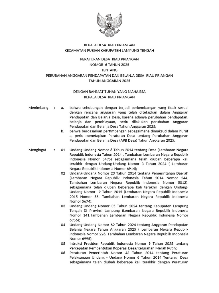 Perubahan APB Desa Riau Priangan 2025 | PDF
