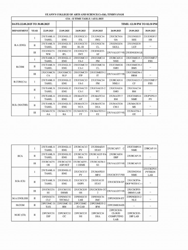 CIA-II Time Table Sep 2025 | PDF