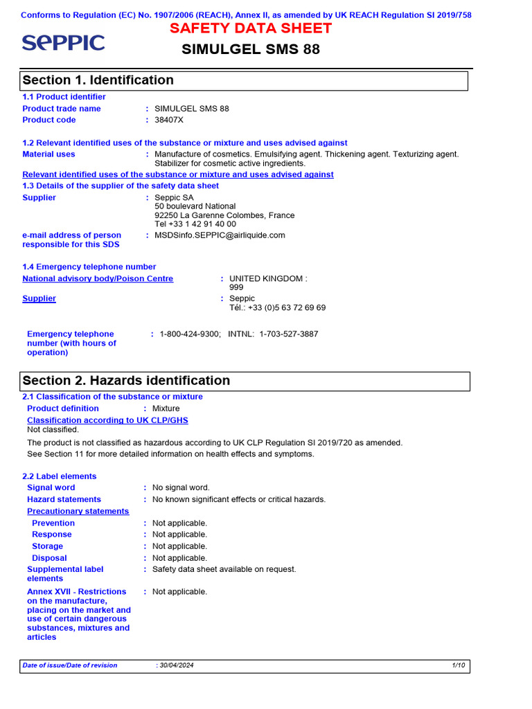 SIMULGEL SMS 88 Safety Data Sheet | PDF | Toxicity | Firefighter