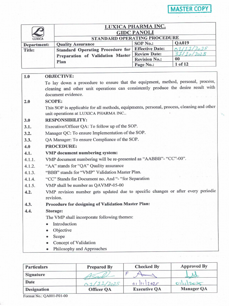 Qa 019 Sop for Preparation of Validation Master Plan | PDF