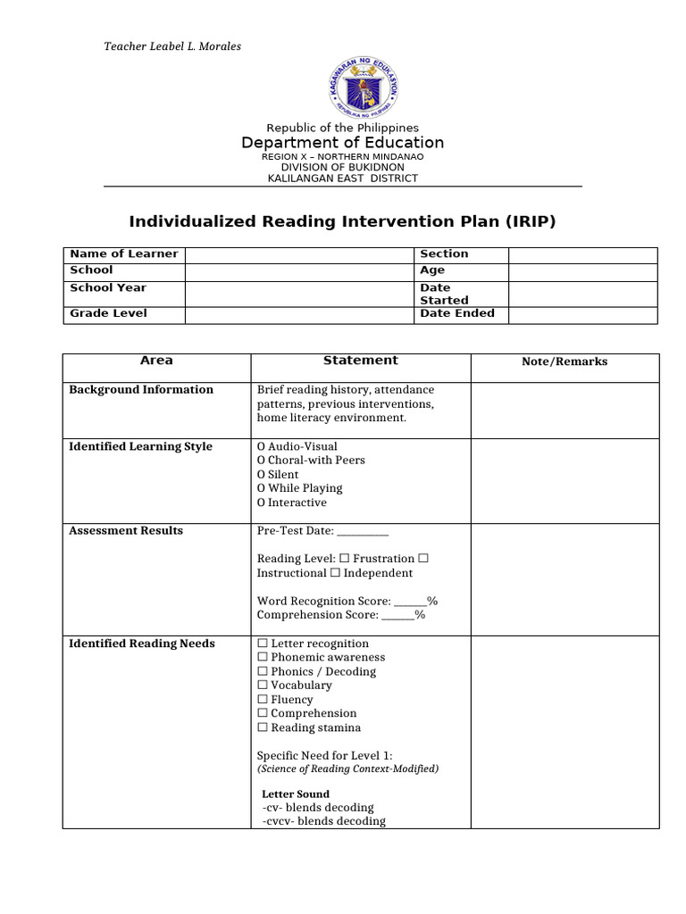 Individualized Reading Intervention Plan | PDF | Writing | Reading ...