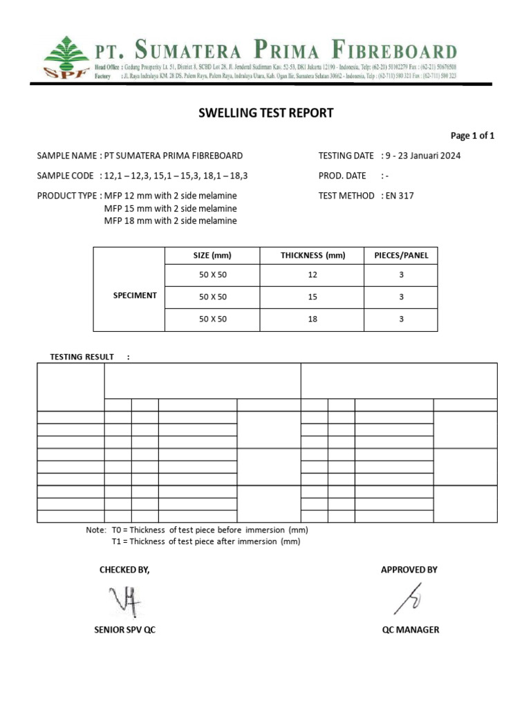 Swelling Test Report for MFP Samples | PDF