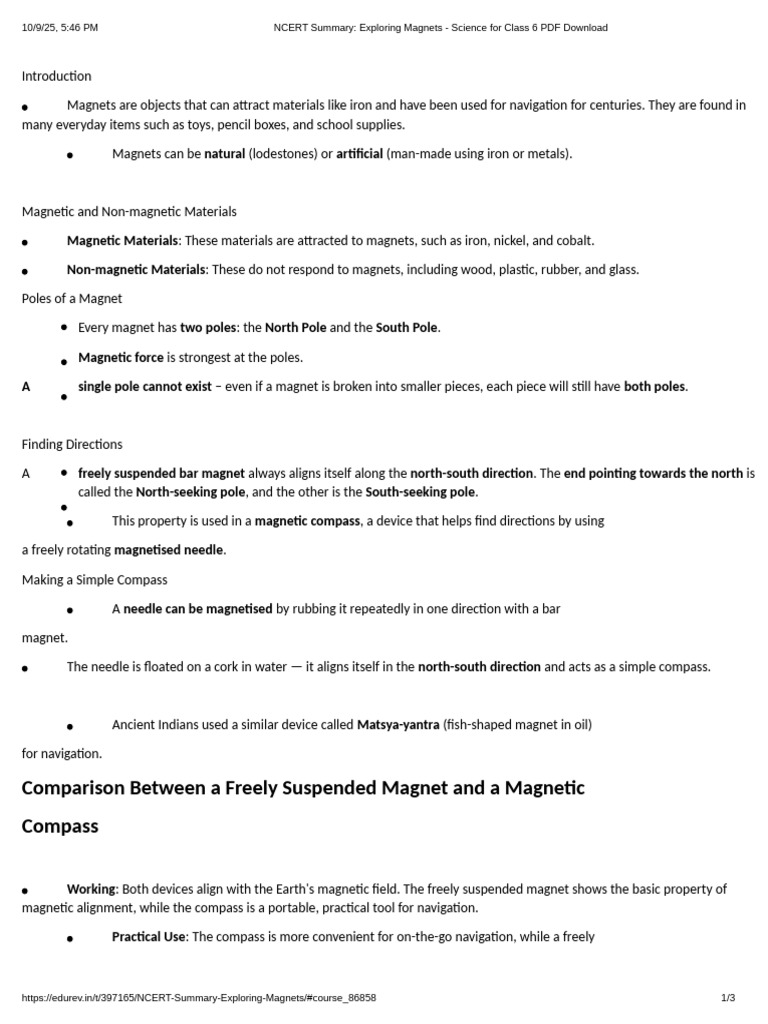 NCERT Class 6 Science: Magnets Guide | PDF | Magnet | Compass