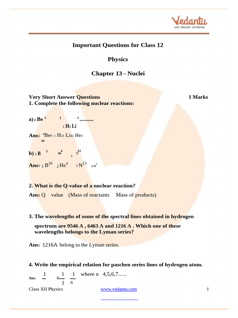 CBSE Class 12 Physics Chapter 13 Nuclei Important Questions 2023-24 (1) | PDF | Atomic Nucleus ...