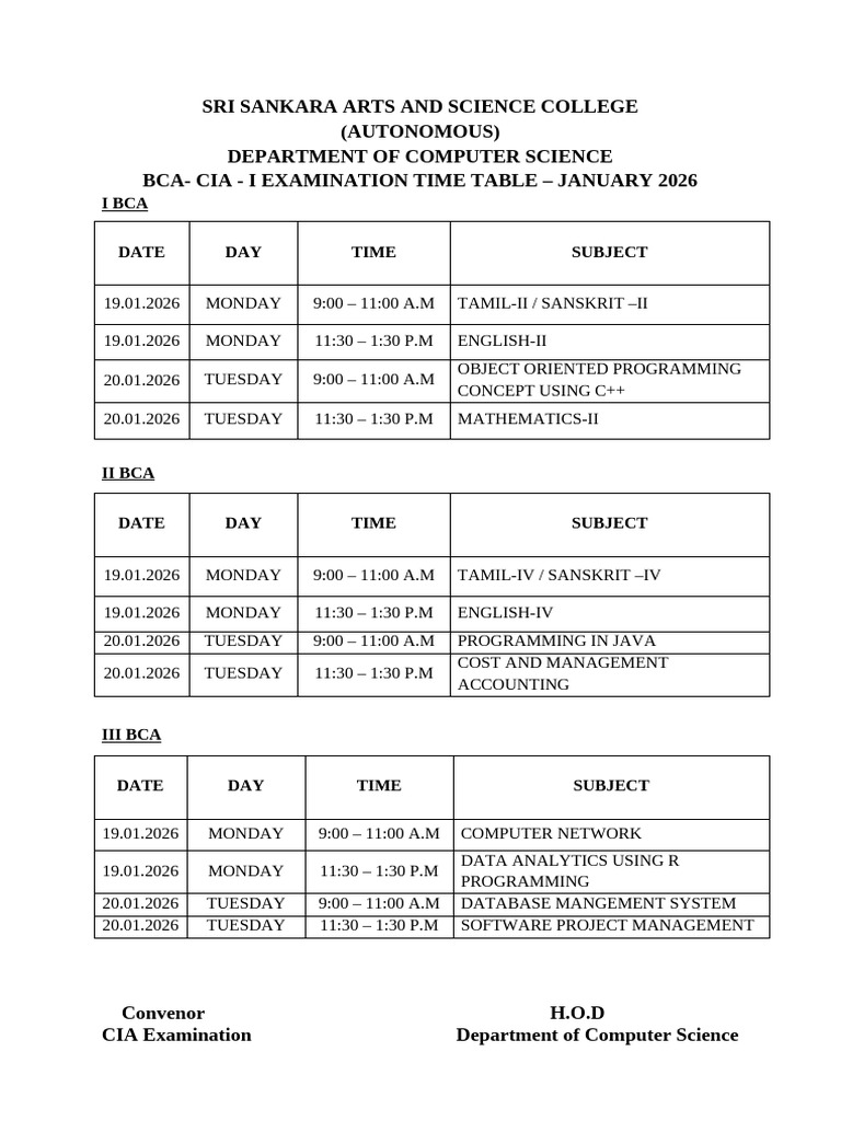 CIA i Examination Time Table 19 ,20 -January 2026 Ug-i, II,III | PDF ...