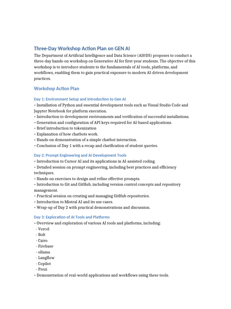GEN AI Three Day Workshop Action Plan | PDF