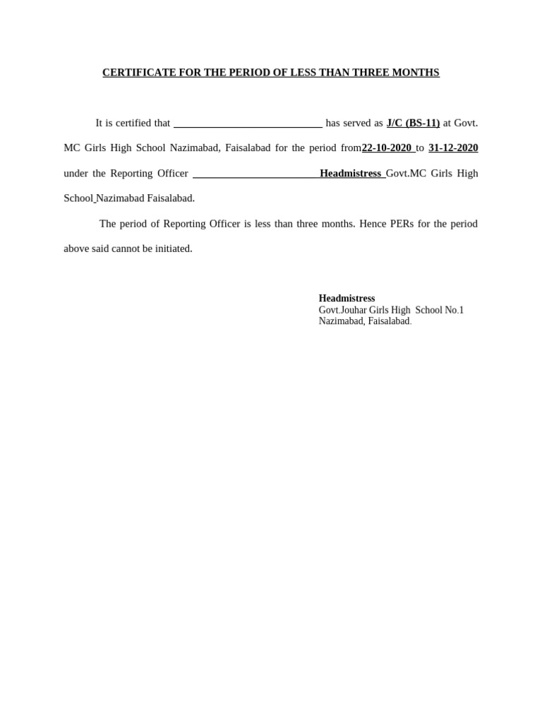 Certificate For The Period of Less Than Three Months | PDF