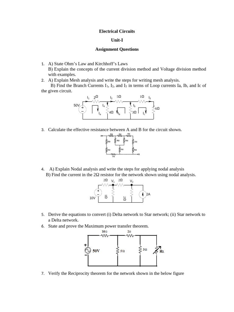 Electrical Circuits Assignment Questions | PDF