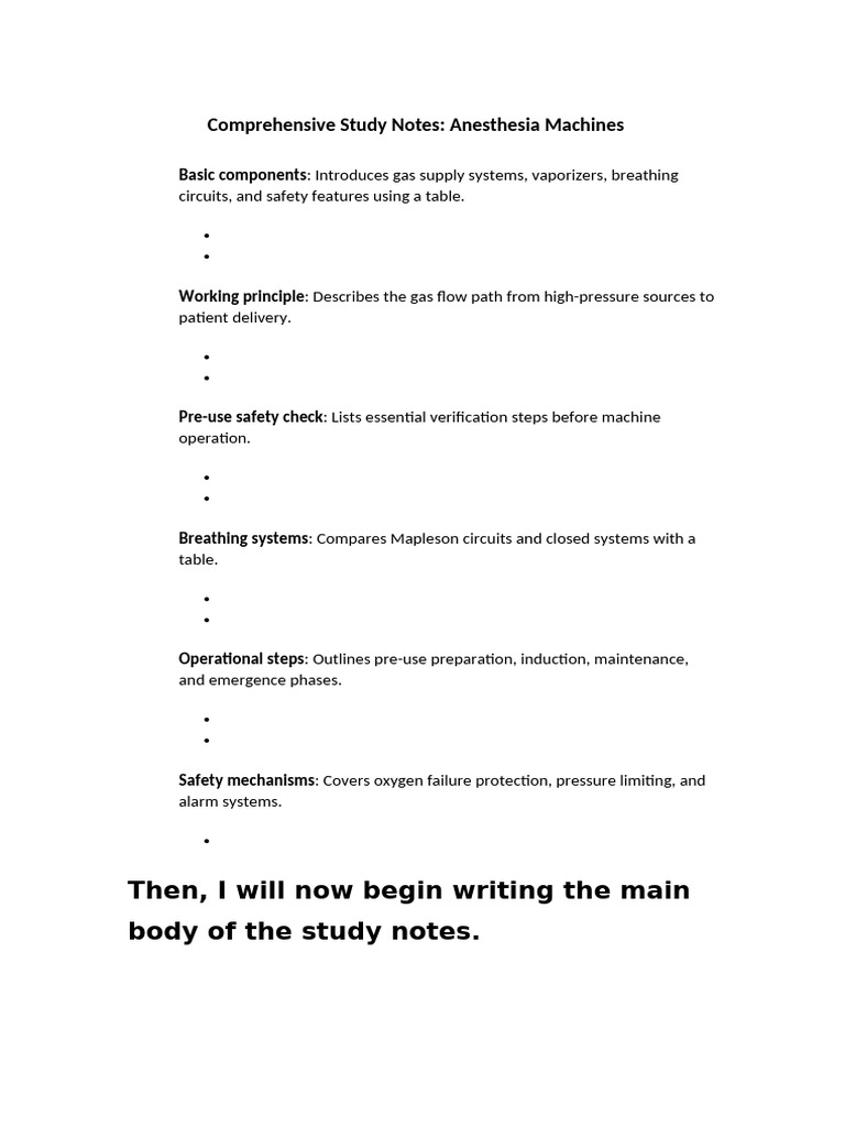 Anesthesia Machines: Study Notes Guide | PDF | Breathing | Monitoring ...