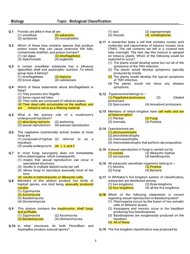 Chapter Test-2 (Biological Classification) | PDF | Fungus | Protozoa