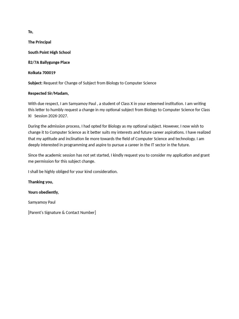 Request to Change Subject to Computer Science | PDF