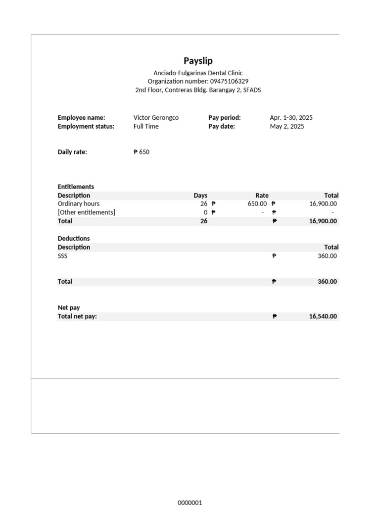 Dental Clinic Payslip for April 2025 | PDF