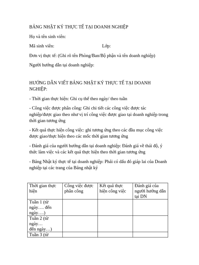 Bang Nhat Ky Thuc Te 4 Trang Formatted | PDF