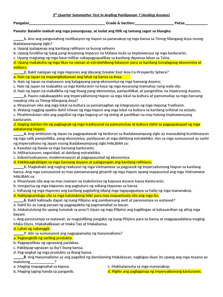 AP7 3rd Quarter Summative Test | PDF
