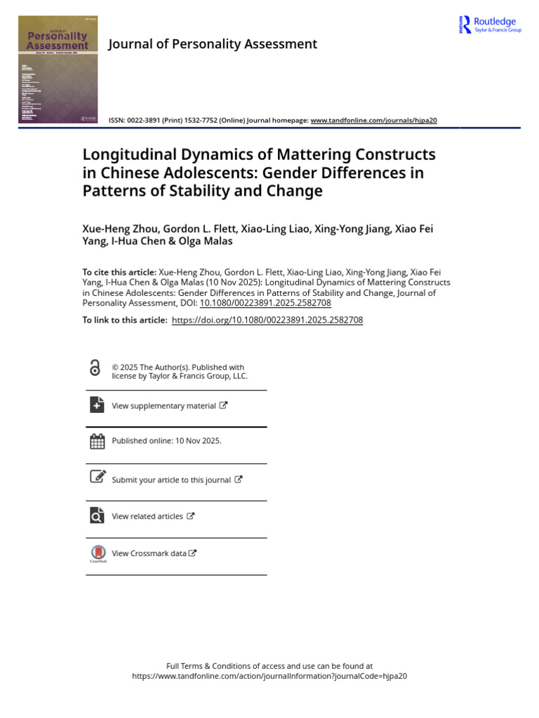 Longitudinal Dynamics of Mattering Constructs in Chinese Adolescents ...