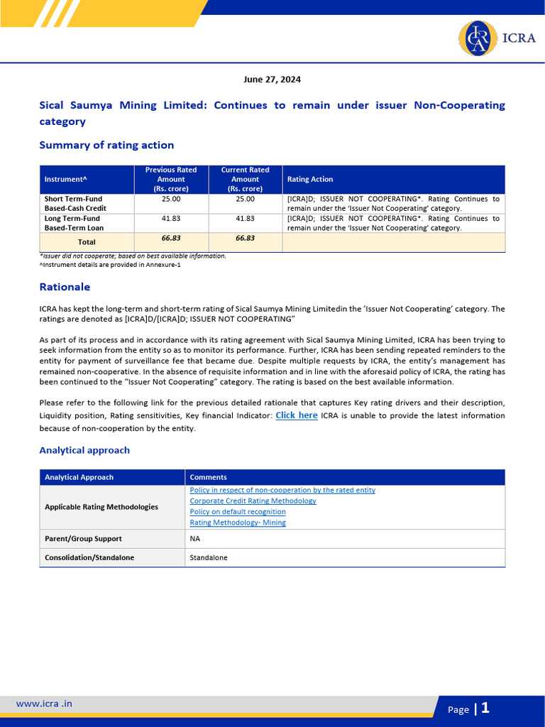 Sical Saumya Mining Ltd: Rating D, Non-Cooperating | PDF | Credit ...