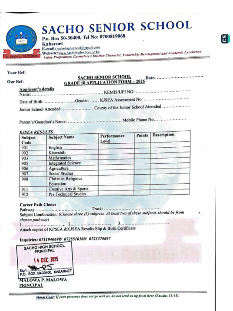 Sacho Senior Sch. Grade 10 Application Form | PDF