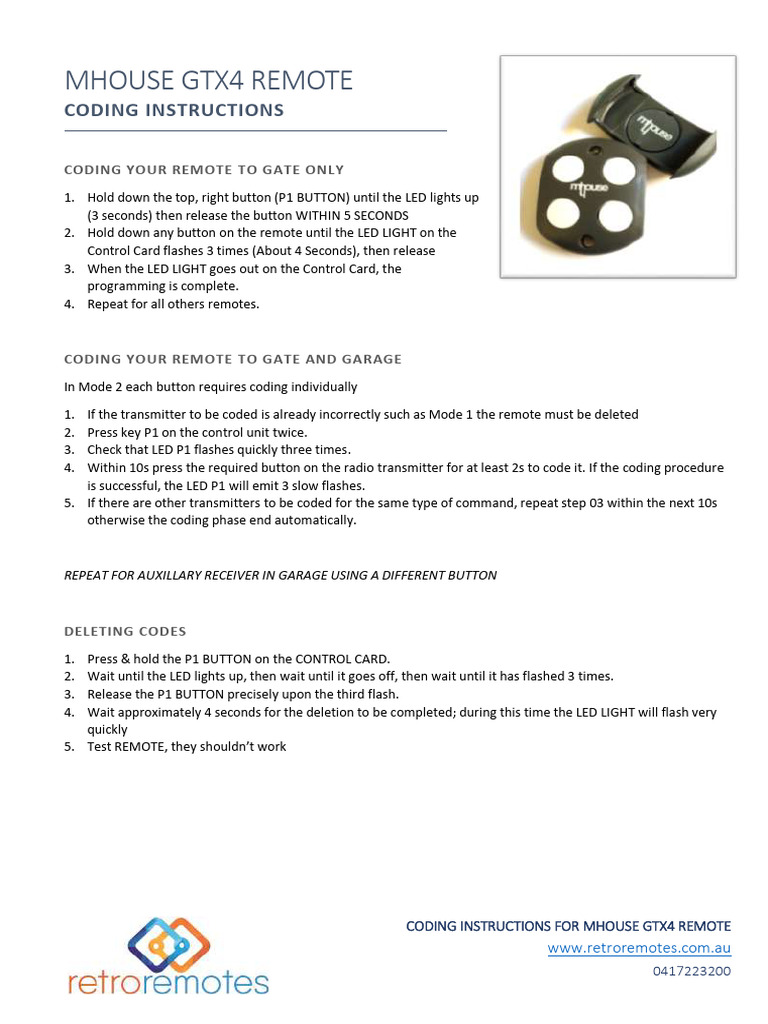 Mhouse Gtx4 Remote Coding Instructions | PDF