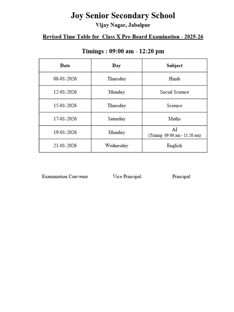 Revised Time Table For Class X Pre Board Examination 2025 26 | PDF