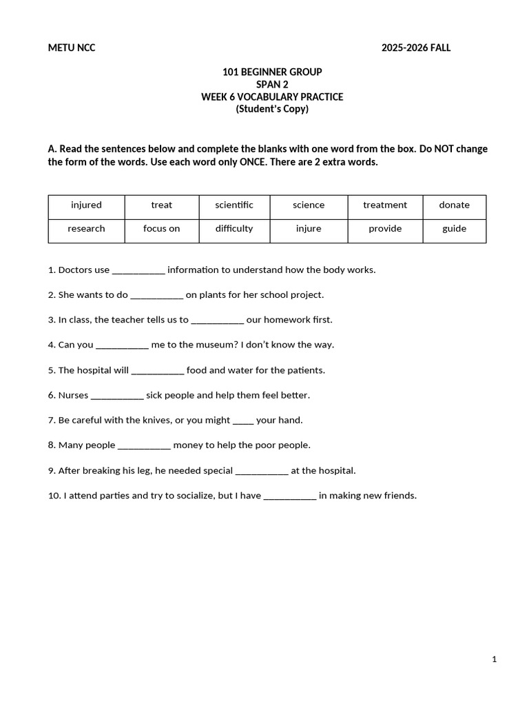 BEG101 Vocabulary Practice Week 6 (Students Copy) | PDF