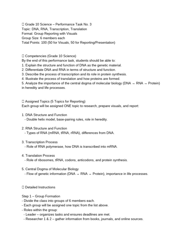 Grade 10 DNA and RNA Performance Task | PDF | Translation (Biology) | Rna