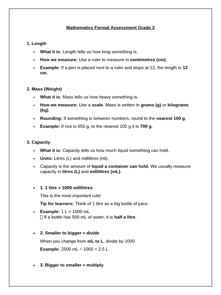 Mathematics Formal Assessment Grade 3 | PDF | Litre