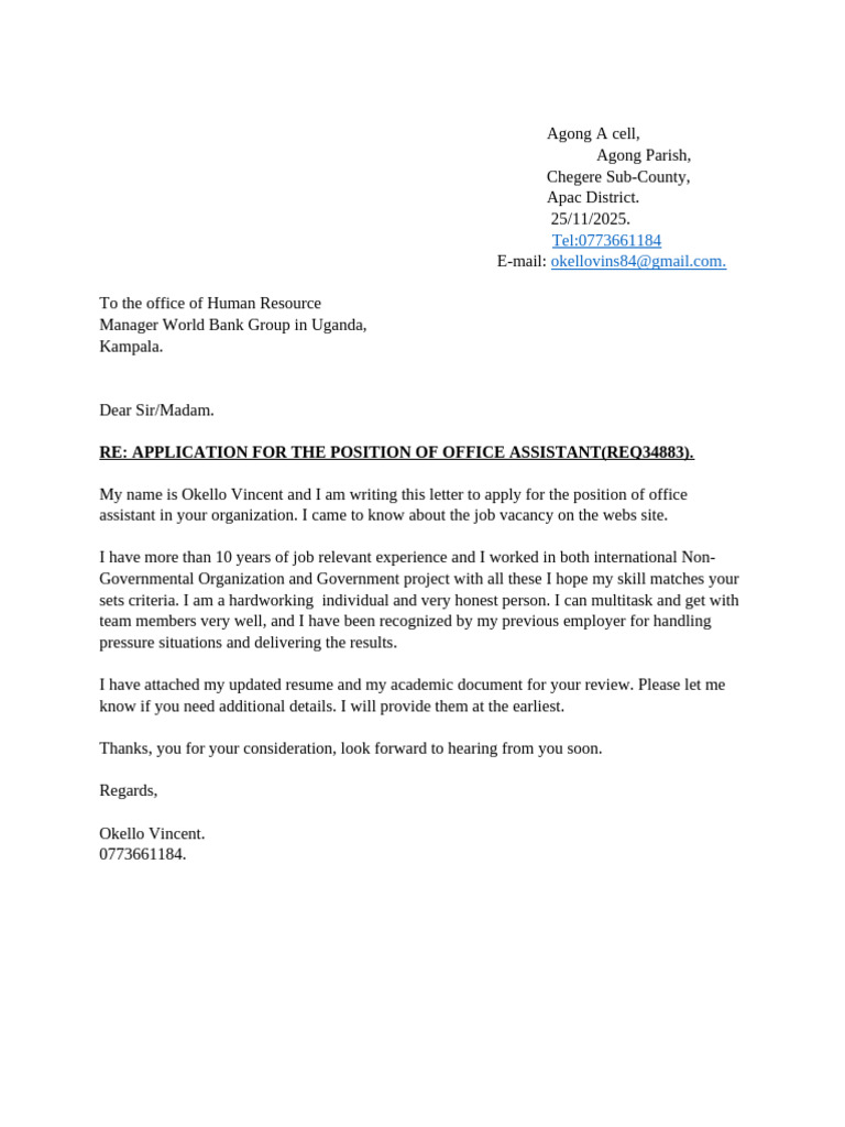 Okello Vincent Application Letter | PDF