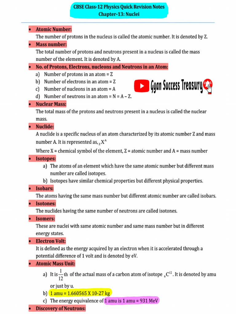 12th 13 Nuclei Formula and Notes PDF ? - Unlocked | PDF