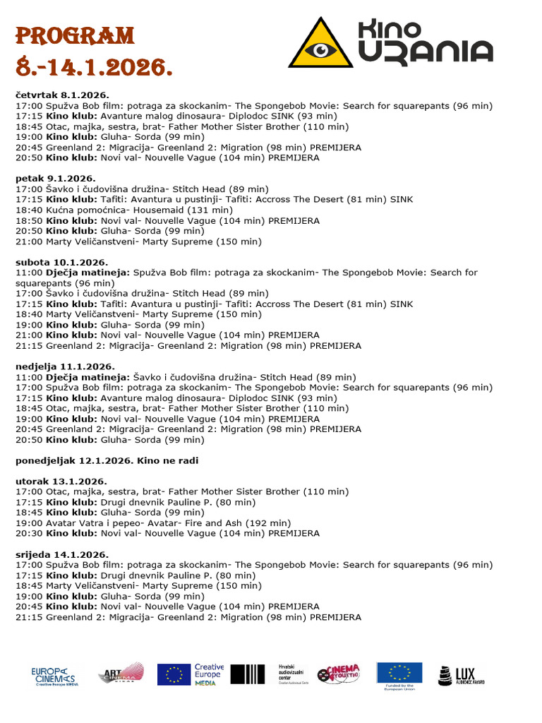 Program Kina Urania 8.-14.1.2026. | PDF