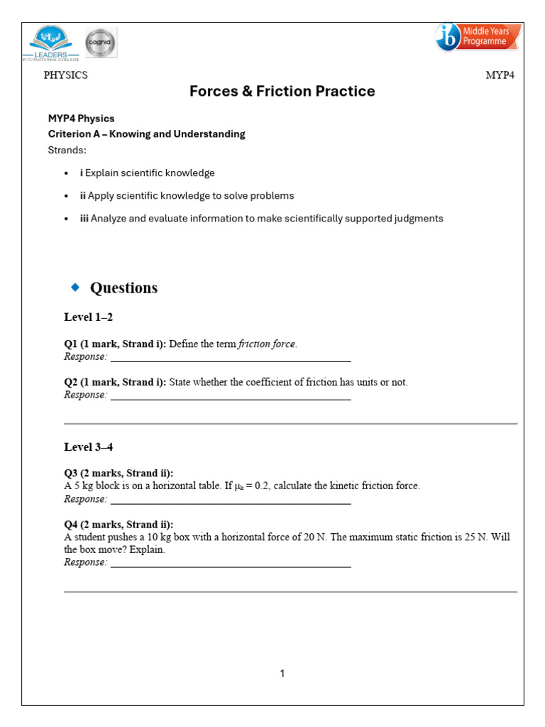 Forces and Friction Practice Questions | PDF | Friction | Force