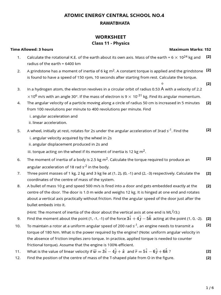 Class 11 Physics Rotational Motion Worksheet | PDF | Rotation Around A ...