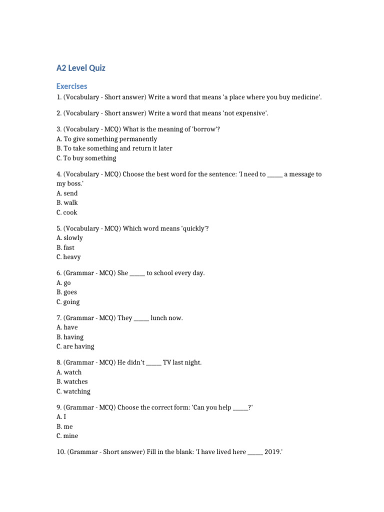 A2 Quiz | PDF | Linguistics | Chess