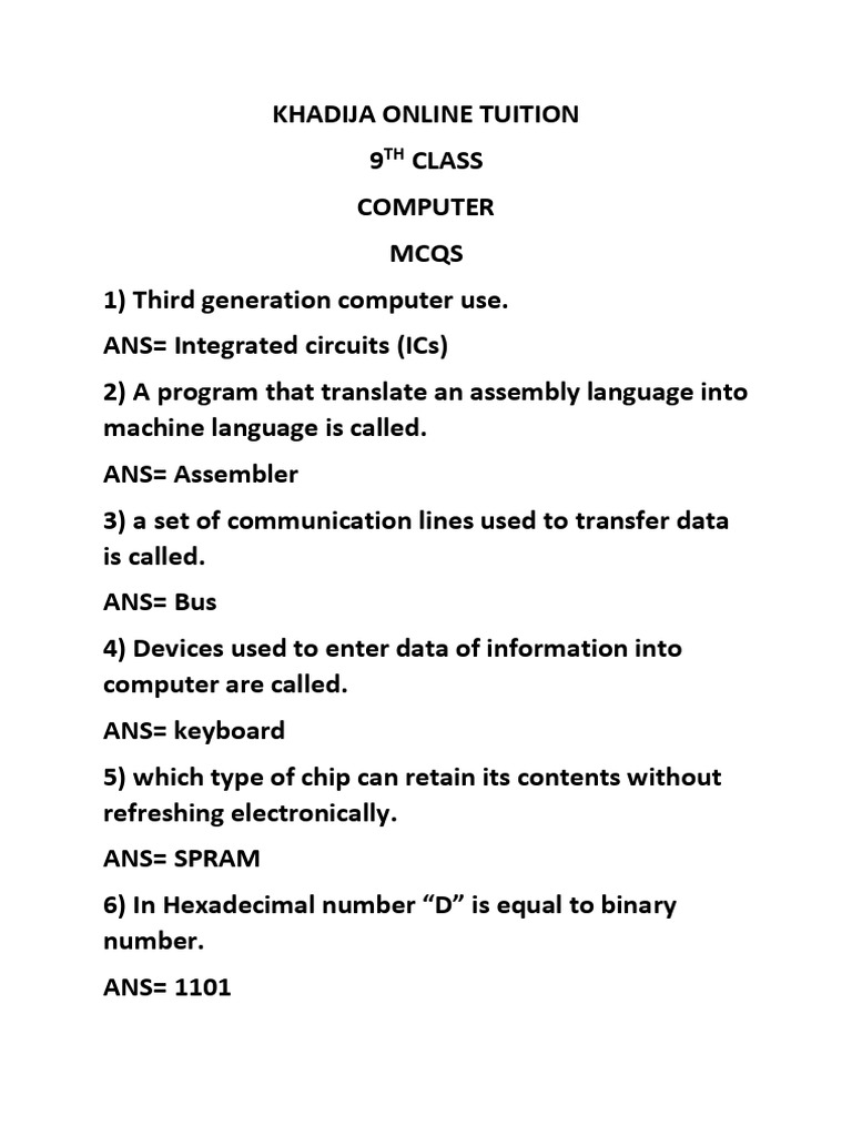 9th Class Computer MCQs Guide | PDF | Bit | Computer Virus