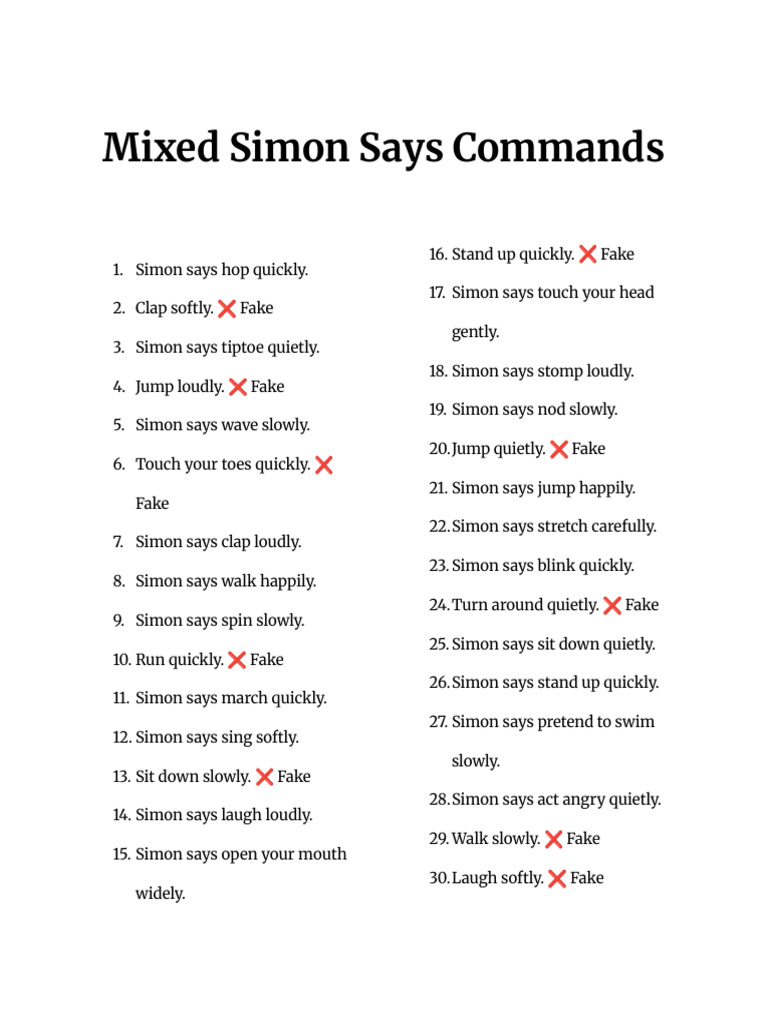 Fun Simon Says Game Commands | PDF