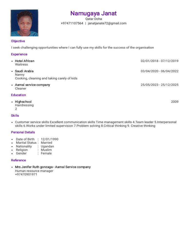 Ugandan Waitress & Nanny CV | PDF
